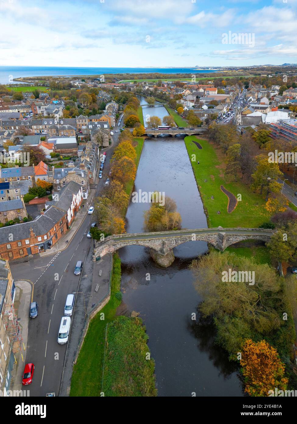 Aerial view of Musselburgh town centre and River Esk, East Lothian ...
