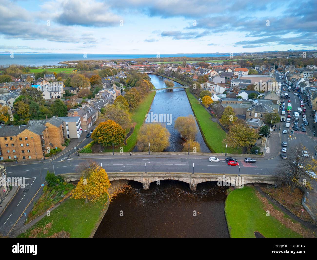Aerial view of Musselburgh town centre and River Esk, East Lothian ...