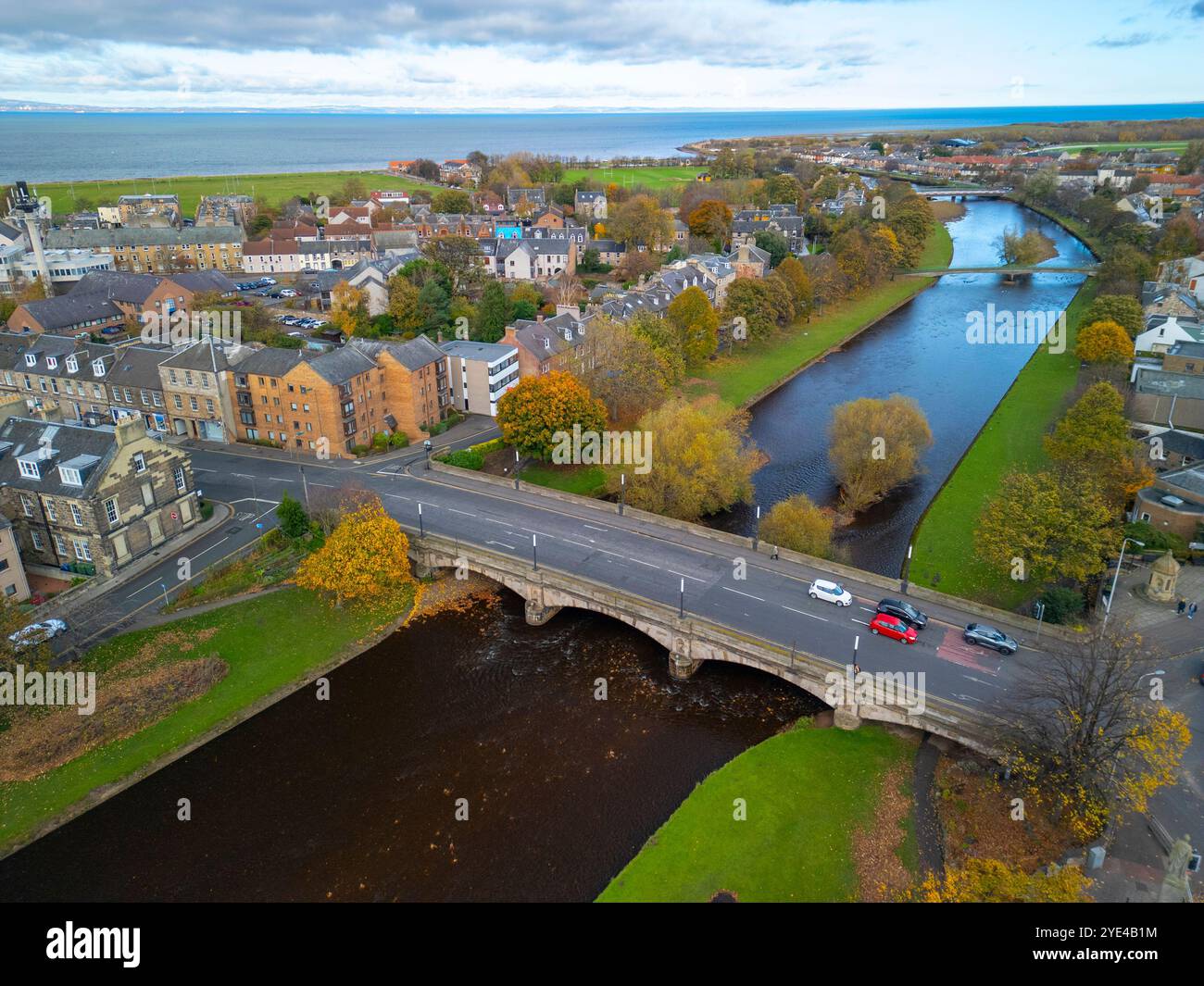 Aerial view of Musselburgh town centre and River Esk, East Lothian ...