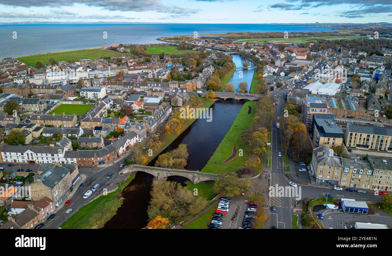 Aerial view of Musselburgh town centre and River Esk, East Lothian ...