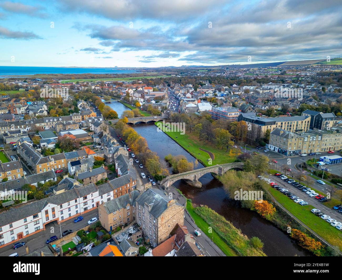 Aerial view of Musselburgh town centre and River Esk, East Lothian ...
