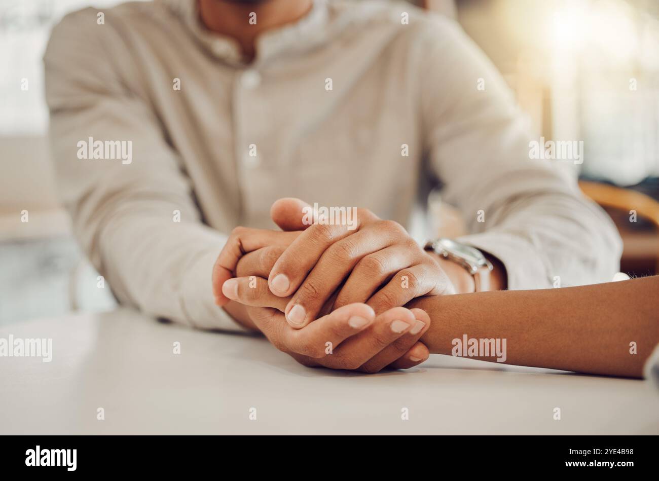 Couple, holding hands and date in restaurant with love, empathy and ...