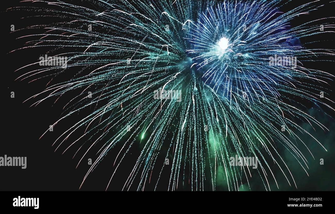 Close-up of blue and green fireworks burst at night, illuminating the ...