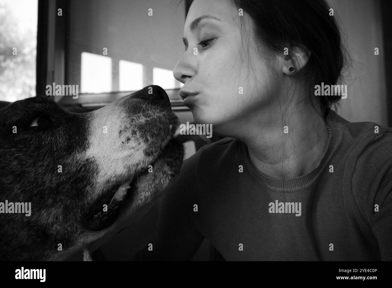 Black and white photo of real people. Beautiful young woman kissing a ...
