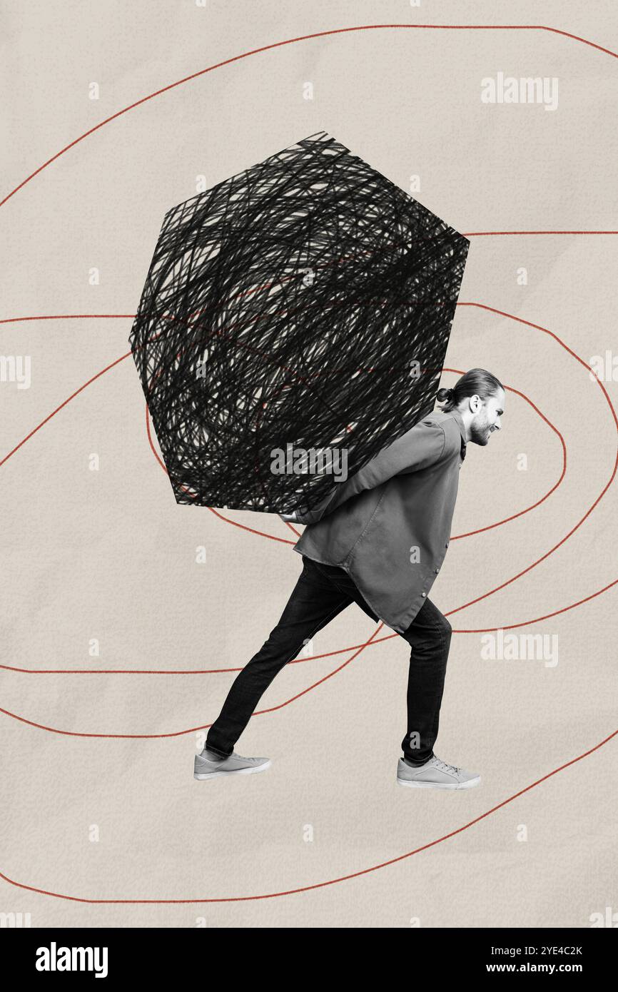 Vertical photo collage of serious man workaholic carry doodle drawing ...