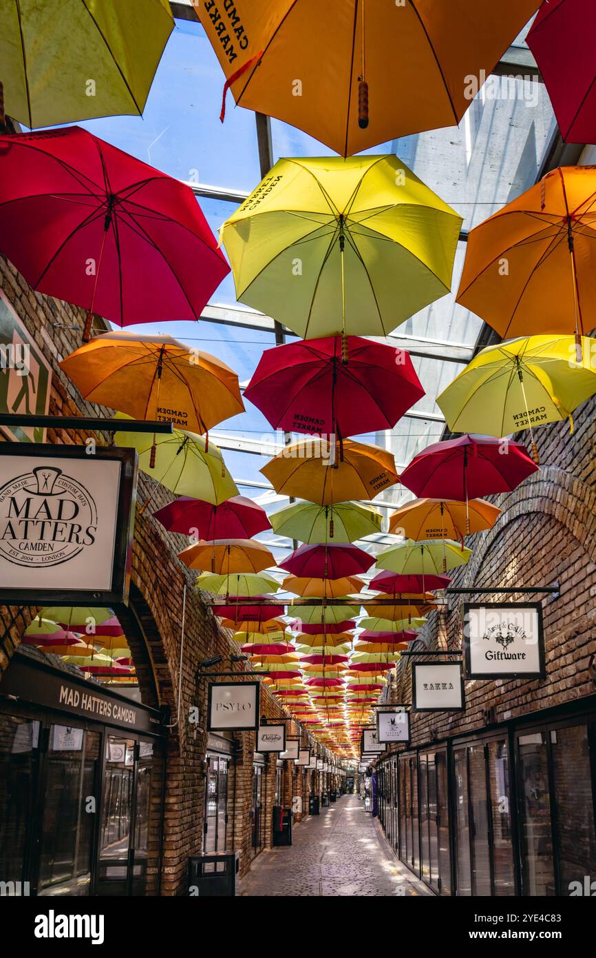 The colourful umbrella alley in Camden stables market, Camden Town ...