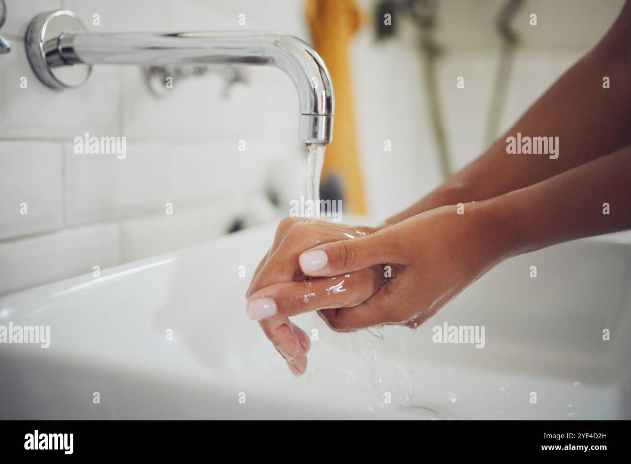 Woman, water and washing hands with liquid in home, hygiene routine and ...
