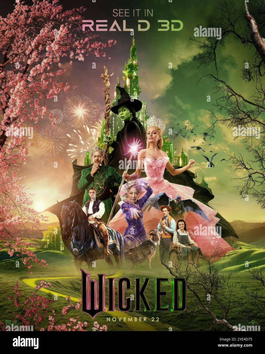 WICKED, US Real D 3D poster, top: Cynthia Erivo, middle from left: Jeff ...