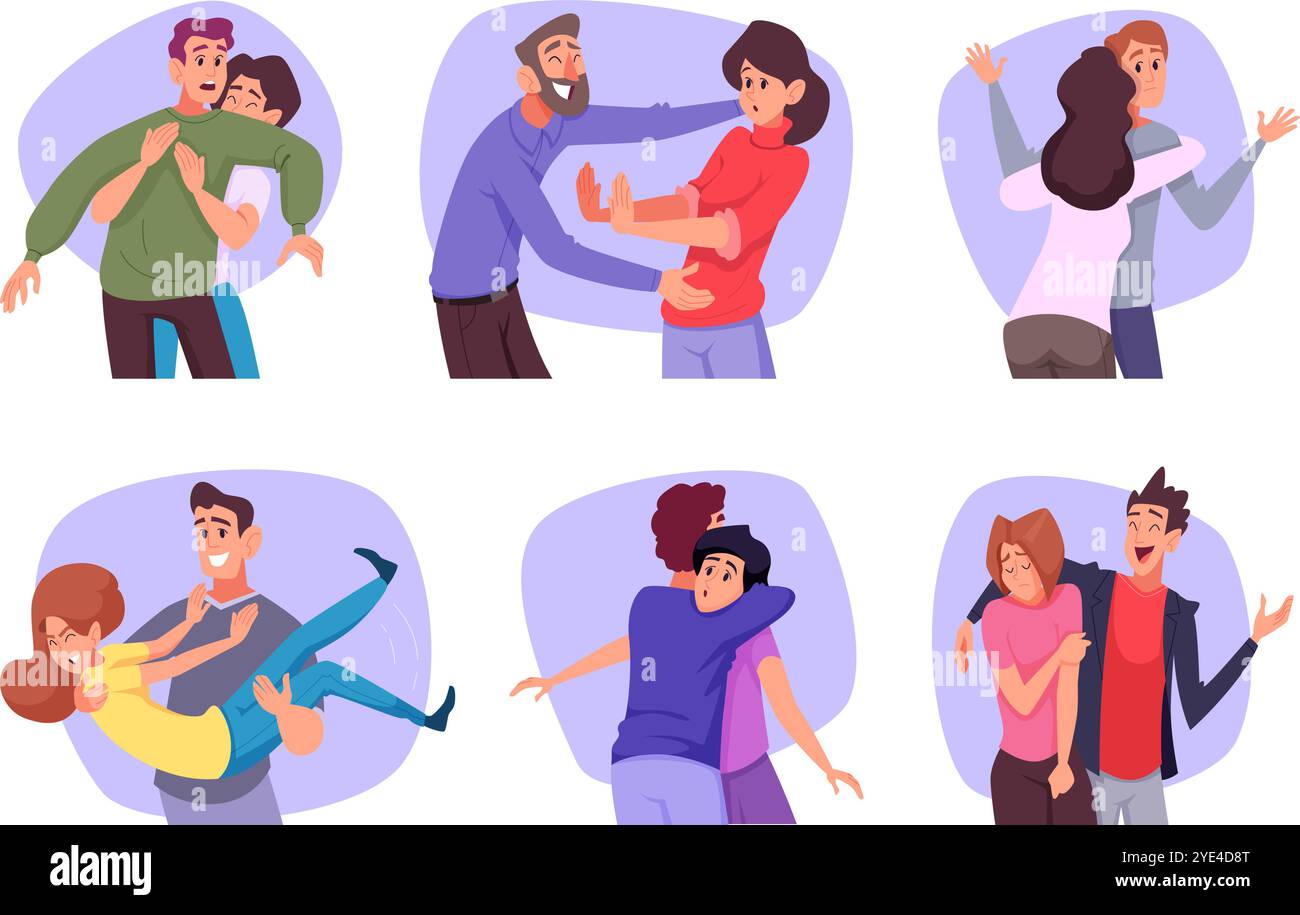 Hugs. Negative Unwanted connection with people awkward stressed persons ...