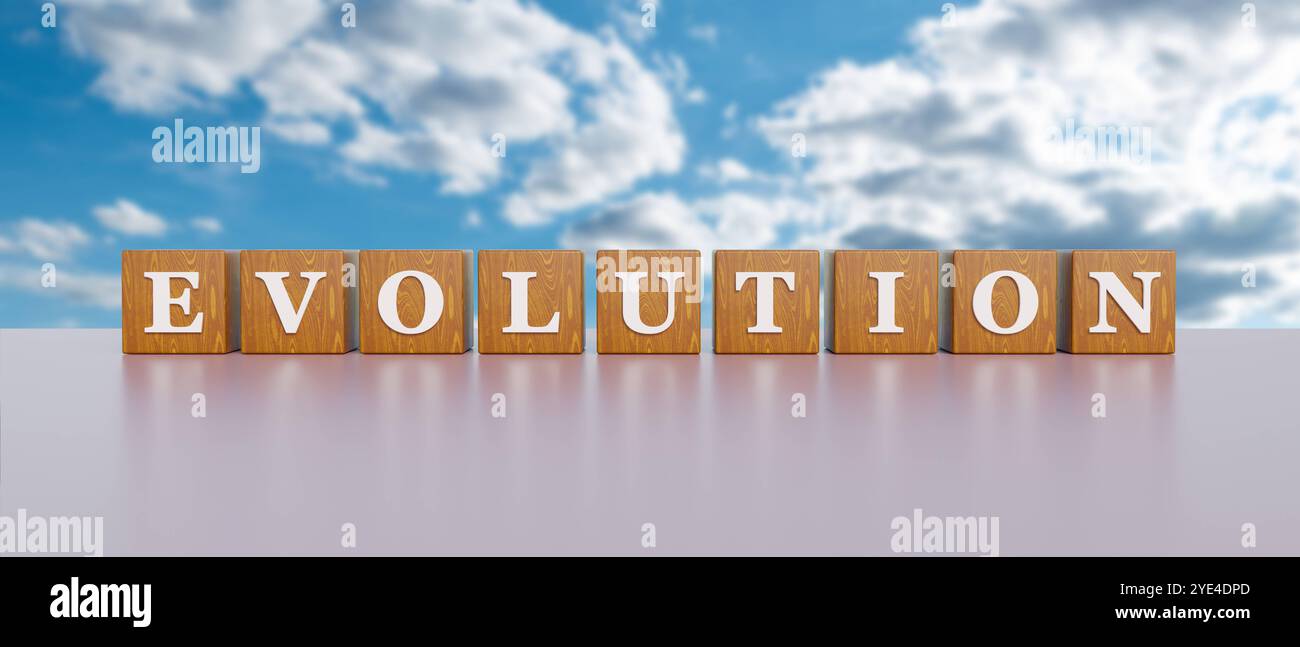 Evolution. Evolution. Wooden dices with white capital letters and the ...