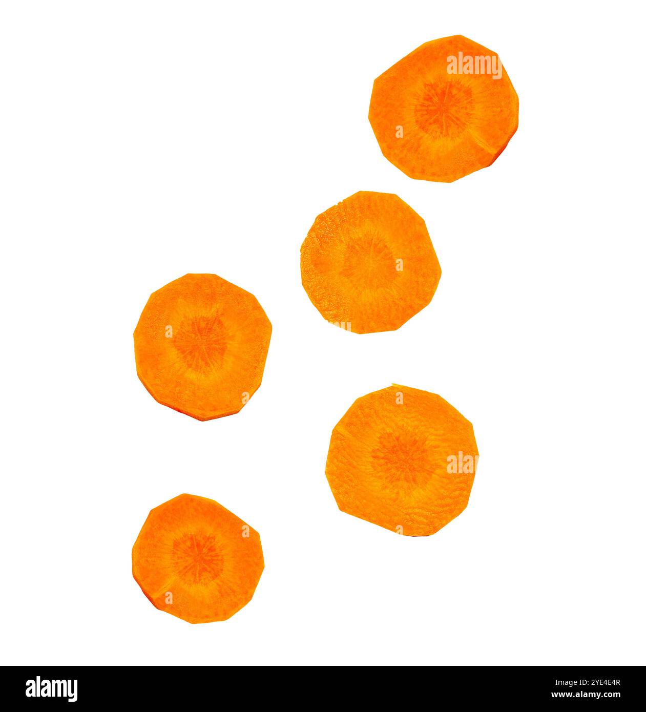 Pieces of falling round carrot slices isolated on white, clipping path ...