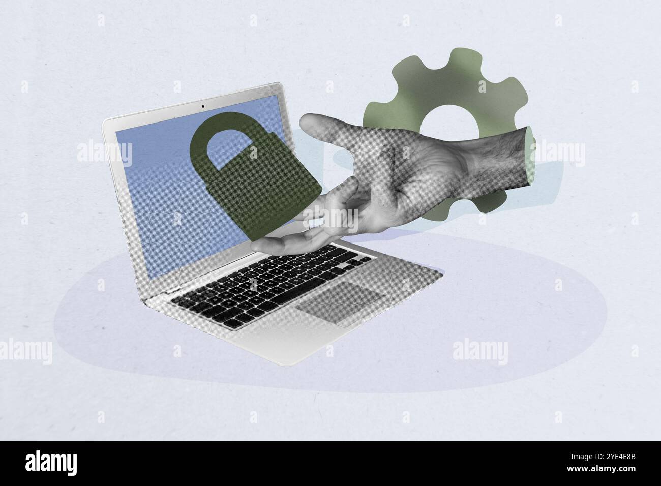 Composite photo collage of hand hold lock gearwheel process decode ...