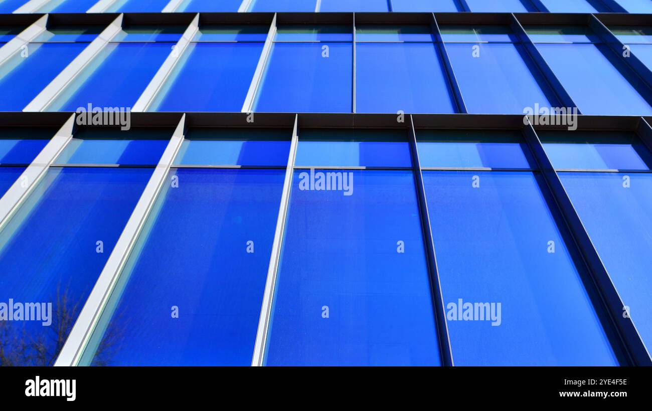 Exterior of modern building with many windows against blue sky, low ...