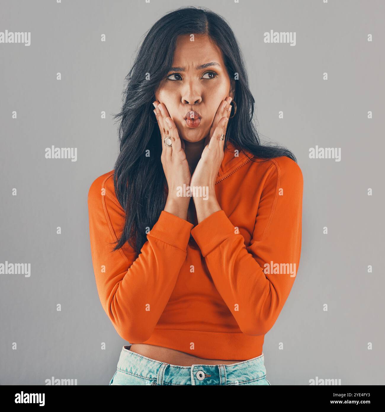 Studio, pout and woman with confused face, doubt and thinking of ...