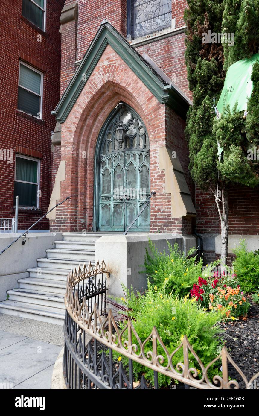 The doorway to St. Patrick's Catholic Church founded in 1851, located ...