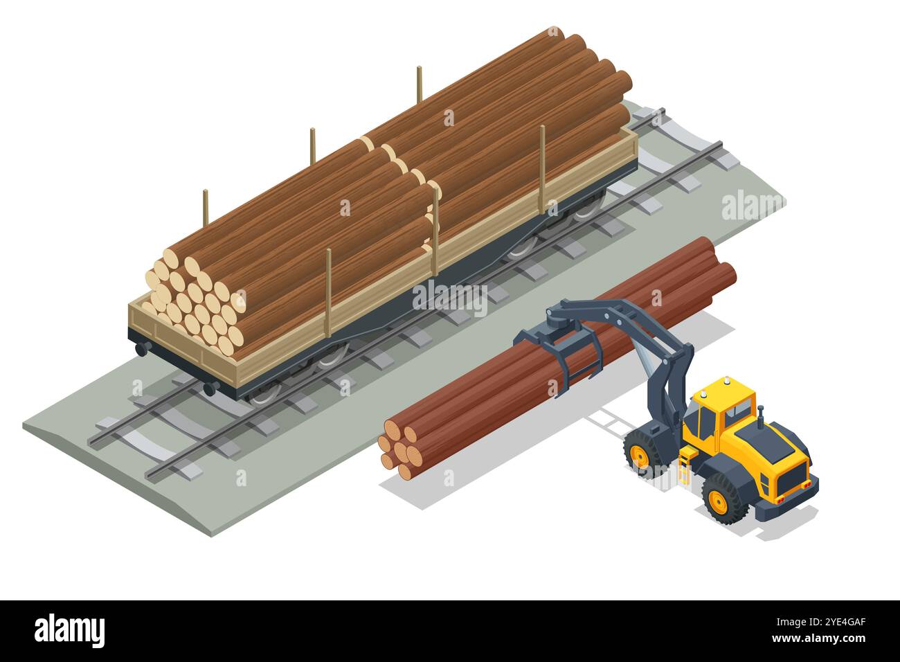 Isometric freight train loaded with pine trunks showcases a powerful ...