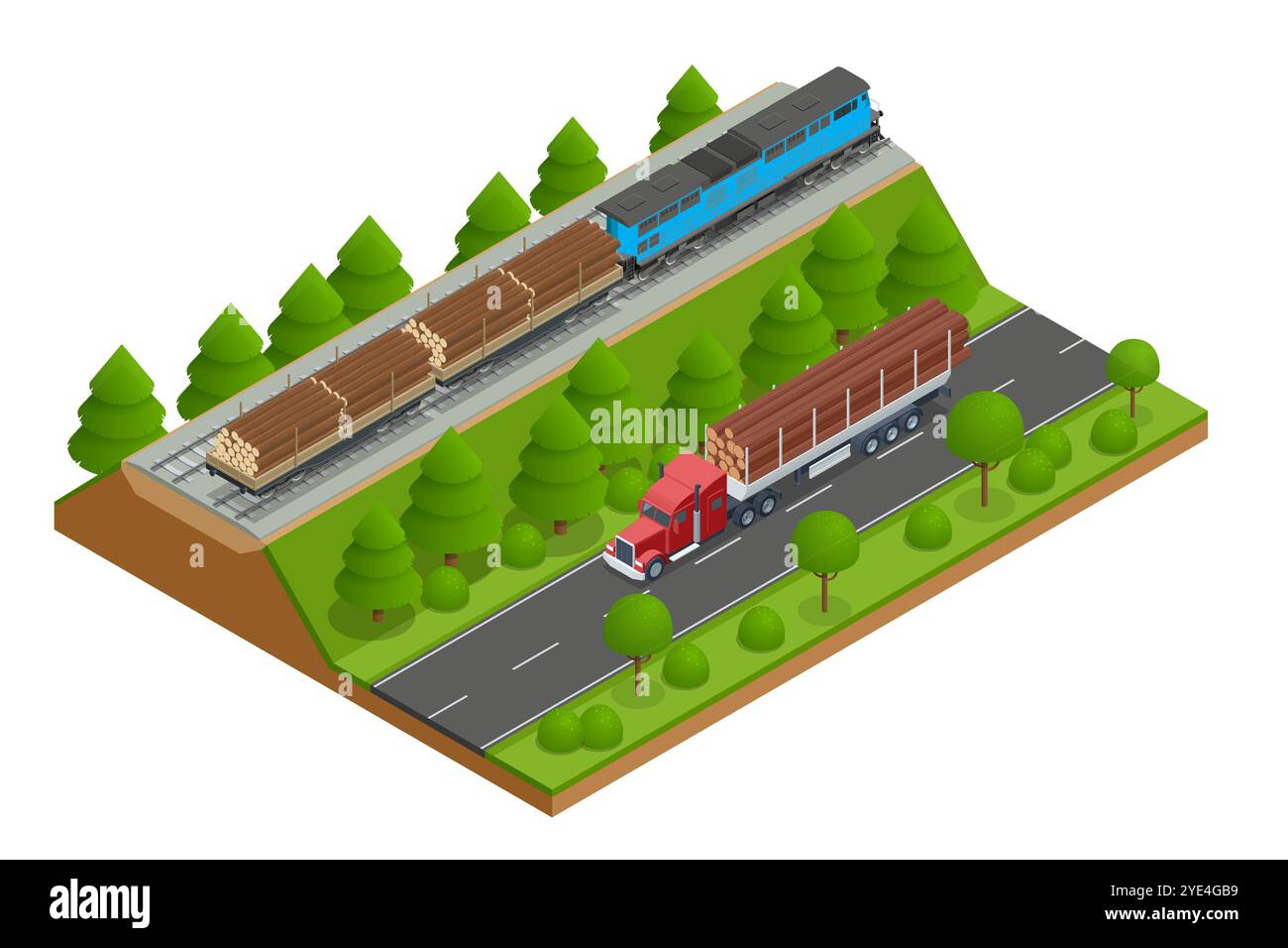 Isometric freight train loaded with pine trunks showcases a powerful ...