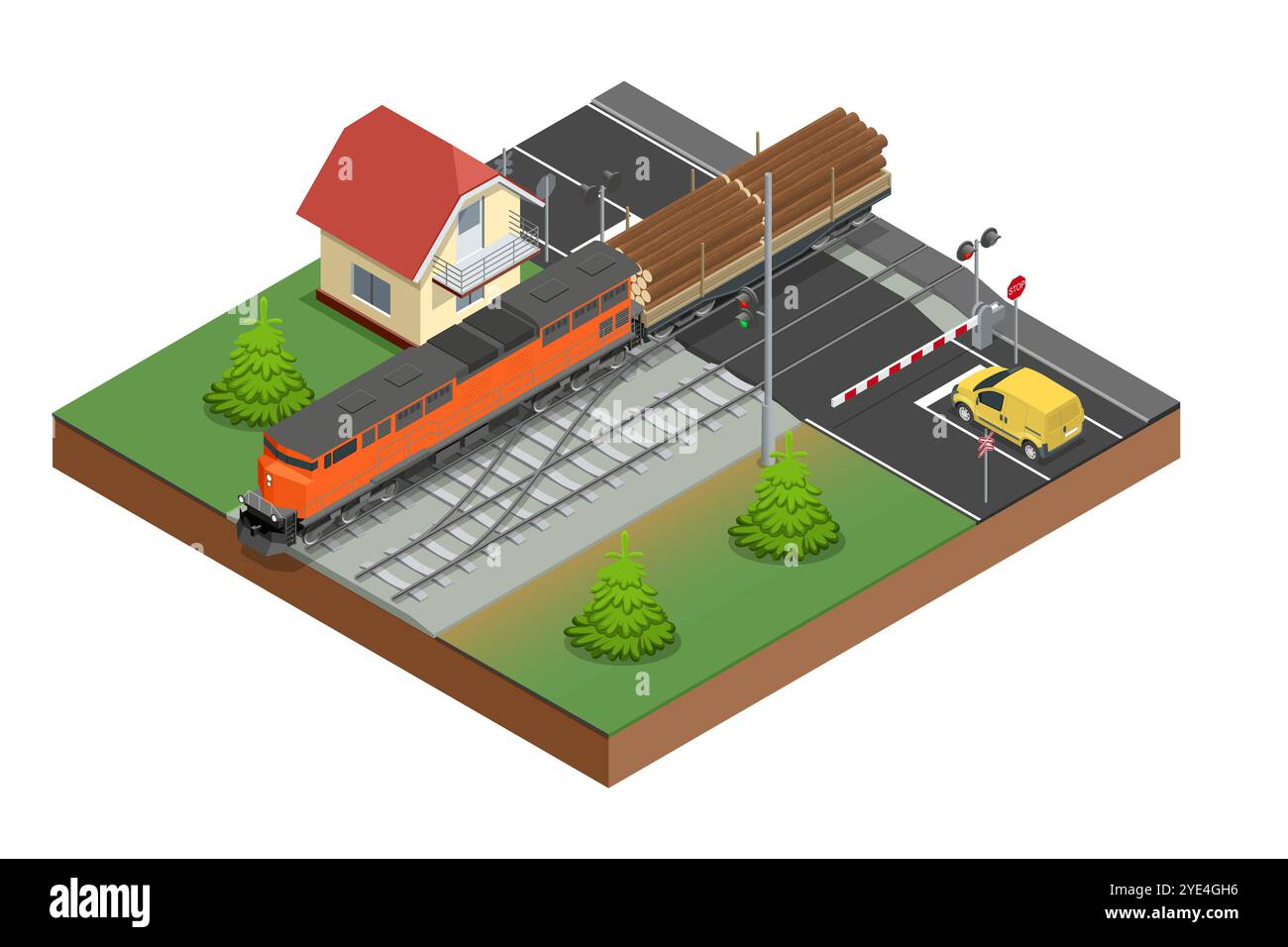 Isometric freight train loaded with pine trunks showcases a powerful ...
