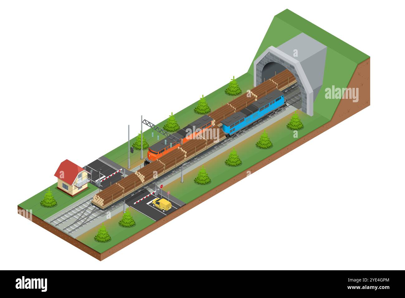 Isometric freight train loaded with pine trunks showcases a powerful ...