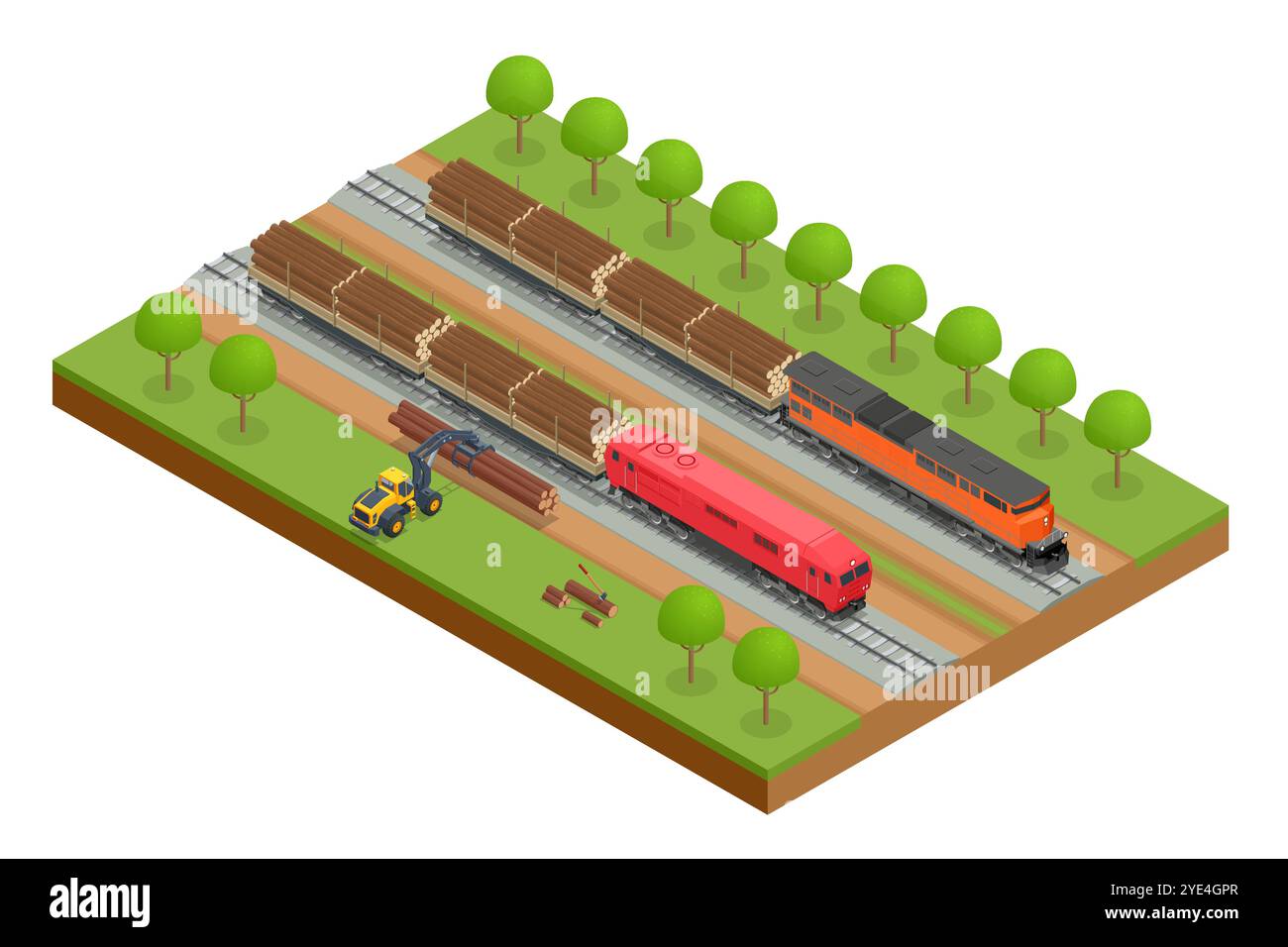 Isometric freight train loaded with pine trunks showcases a powerful ...