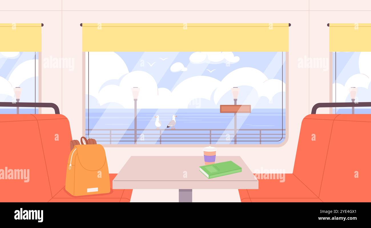 Train window view. Cartoon railway cabin interior with table and cozy ...