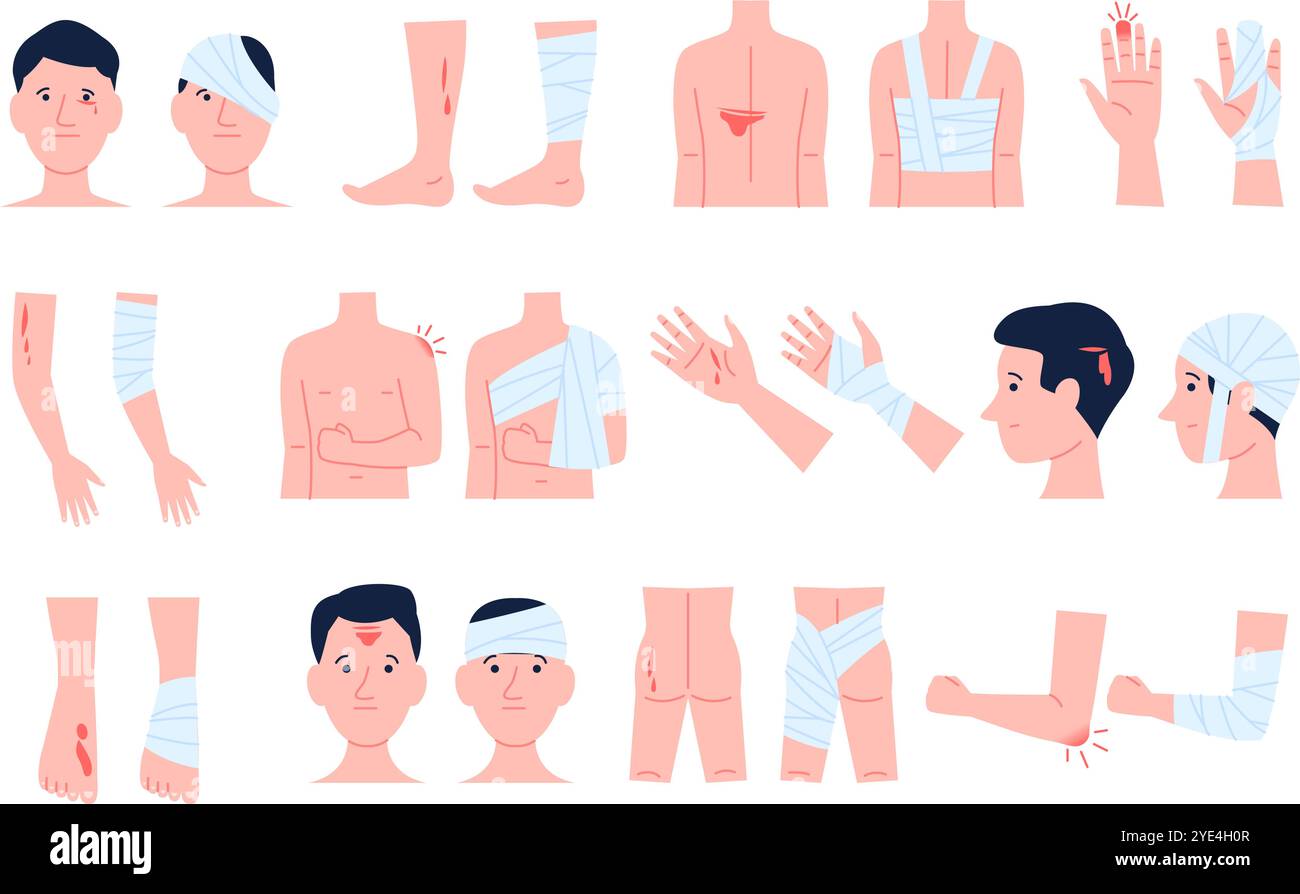 Applying bandages. Various human body parts with bandage. Ambulance ...