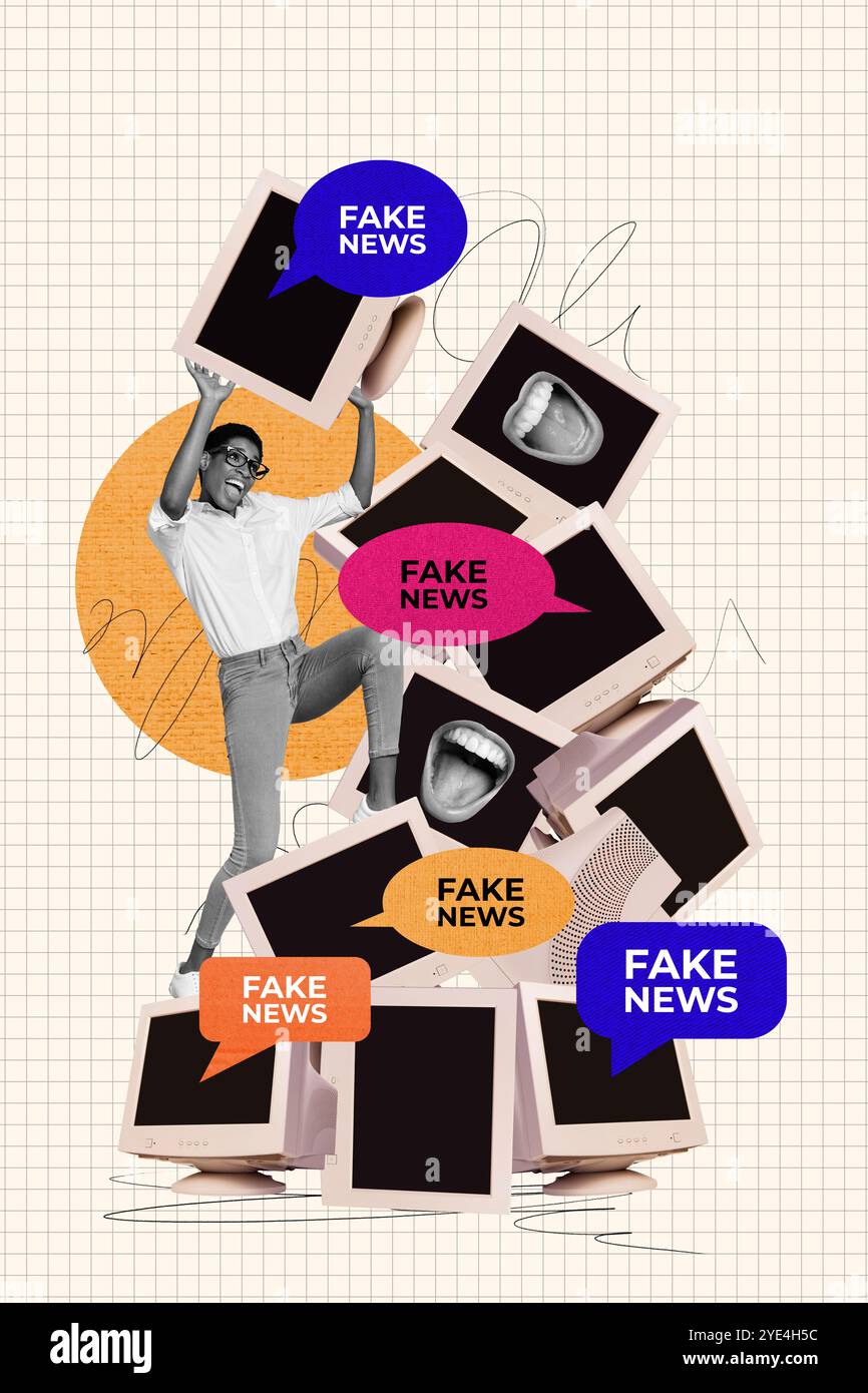 Vertical collage poster young woman computer monitor screen display ...