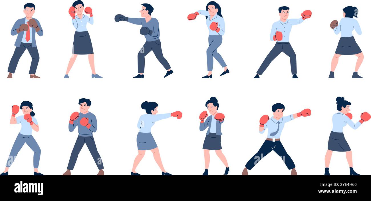 Business boxing. Office people in boxers gloves stand in fighting poses ...