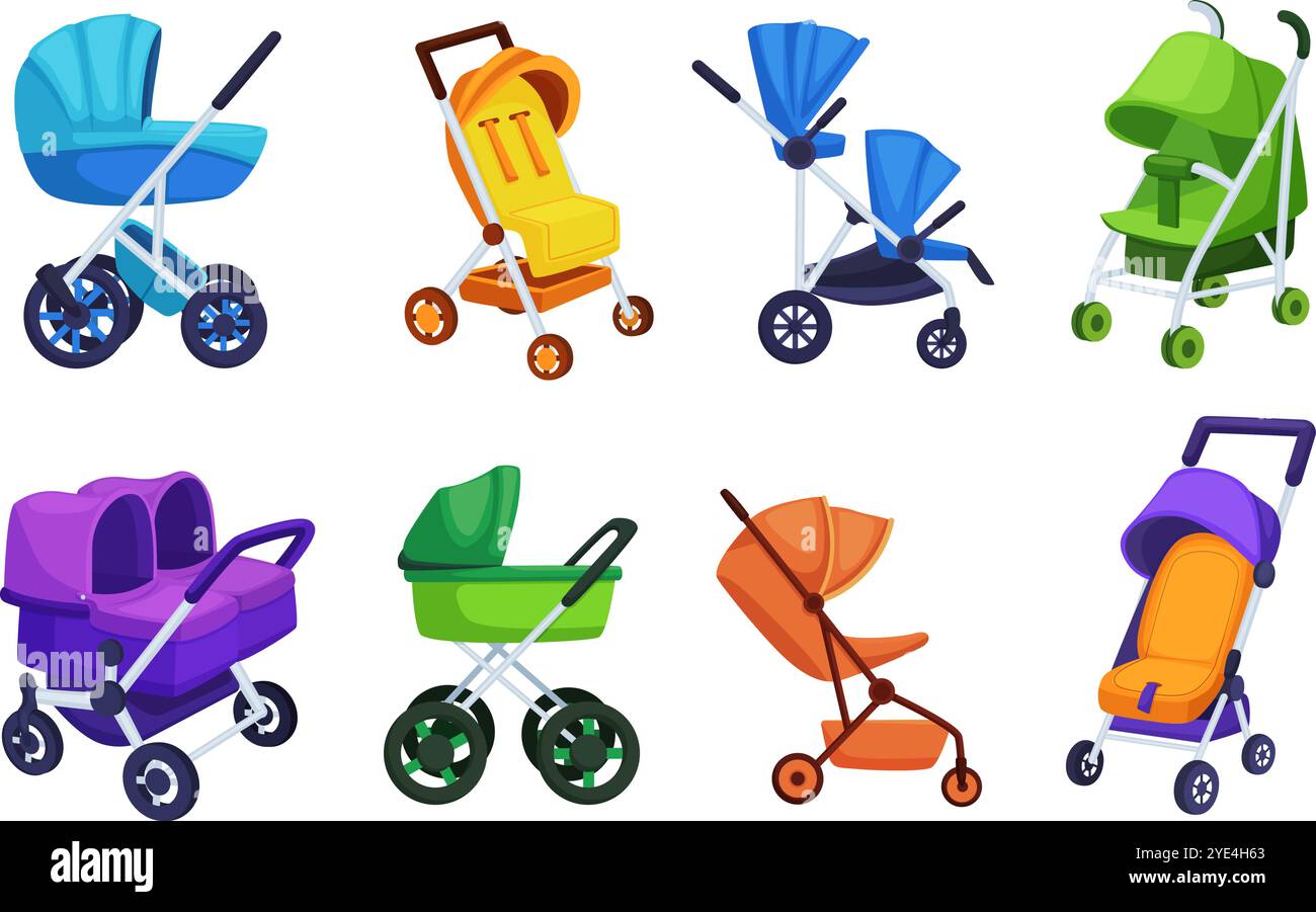 Cartoon baby carts. Toddler stroller, cart and pushchairs. Child safety ...