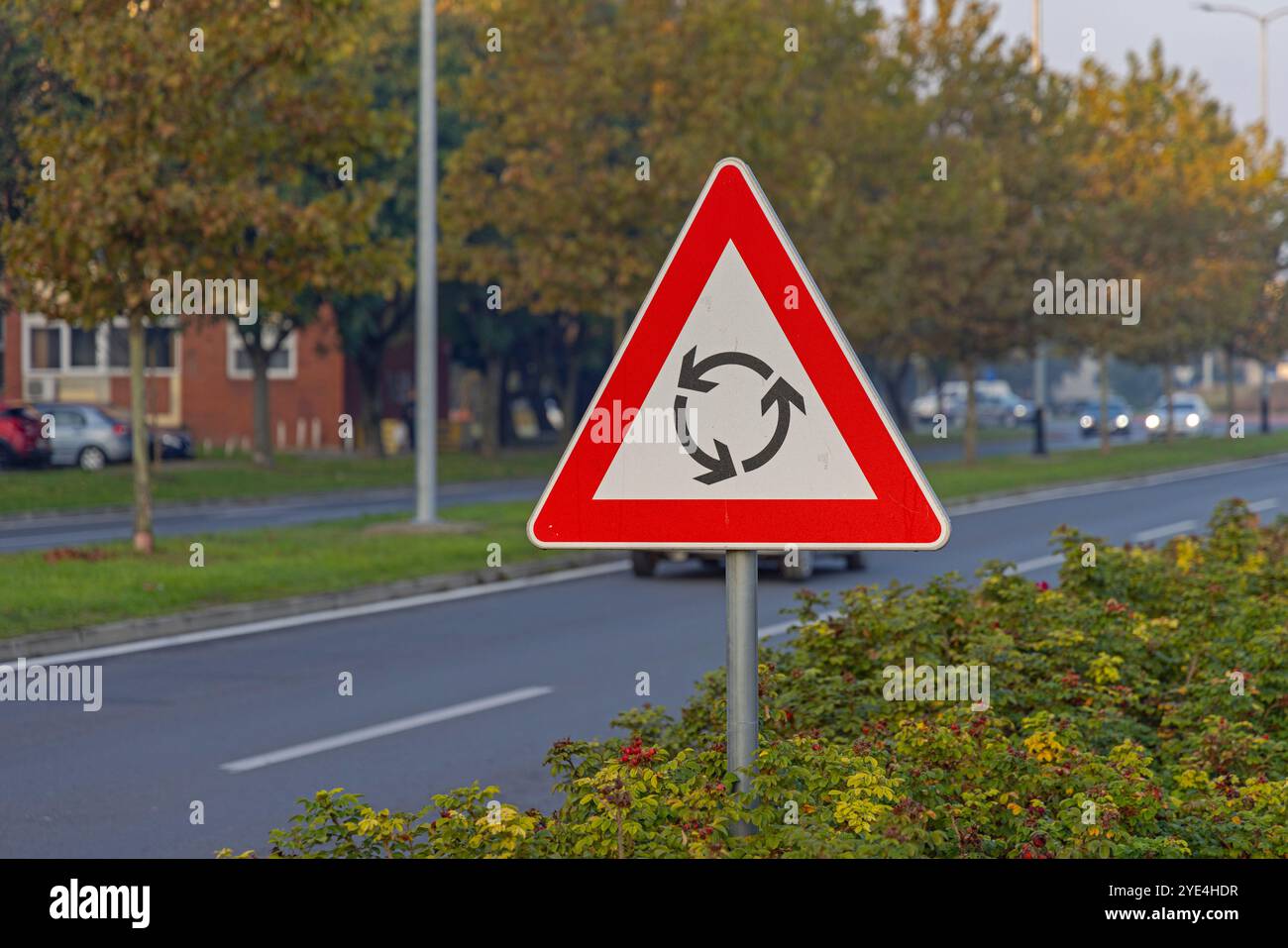 Roundabout Ahead Triangle Traffic Sign at City Street Stock Photo - Alamy
