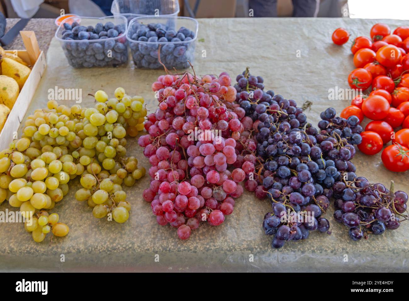 Three Different Varieties of Grapes for Sale at Farmers Market Stall ...