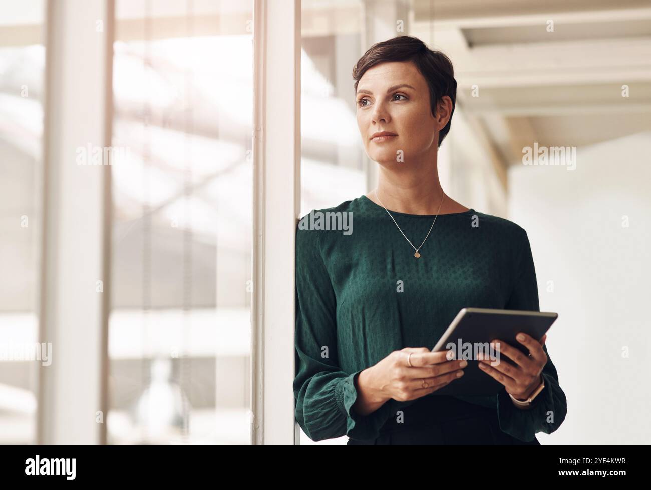 Woman, tablet and thinking on research in office, network and ...
