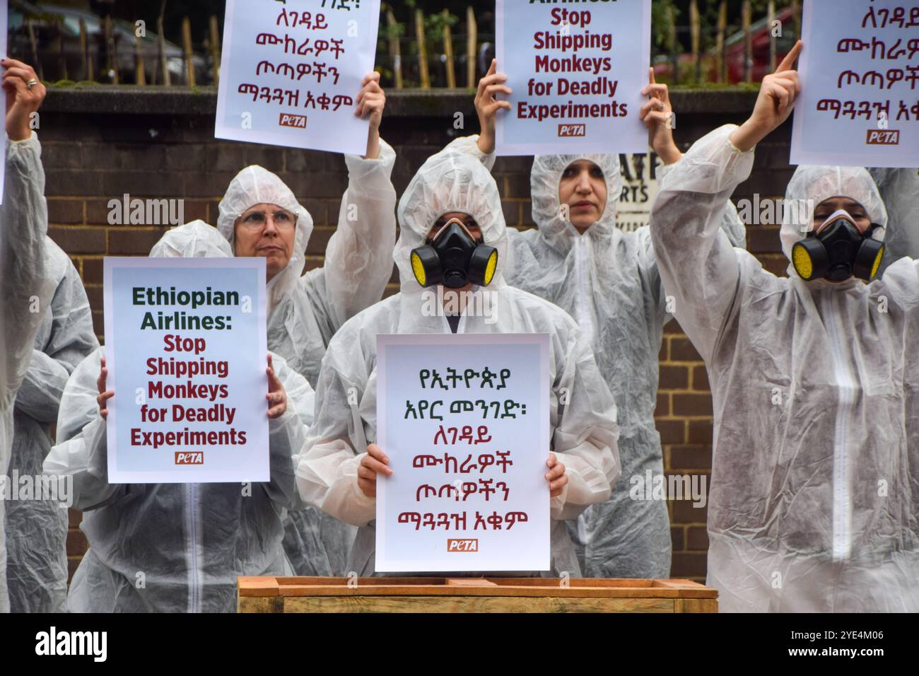 London, UK. 29th October 2024. PETA activists wearing hazmat suits ...