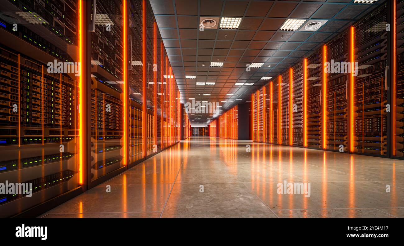 Modern server room with orange lights reflecting on the floor 3d Stock ...