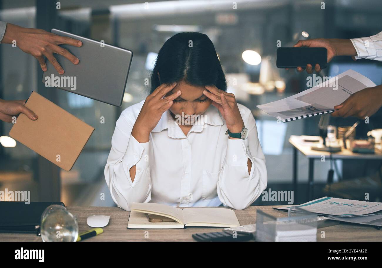 Frustrated, hands and woman with headache, multitasking and stress of ...