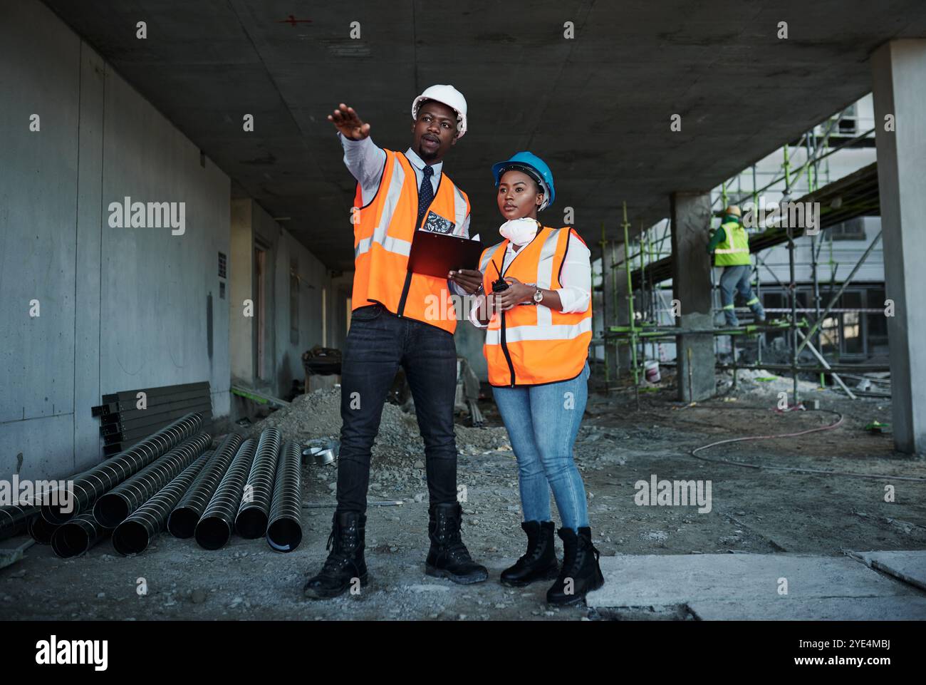 Construction site, architecture and black people with clipboard for ...