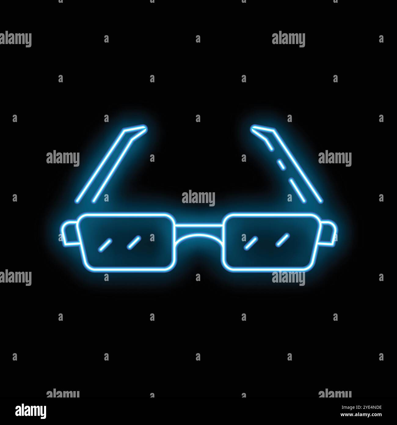 Blue neon sign of spectacles glowing on black background representing ...