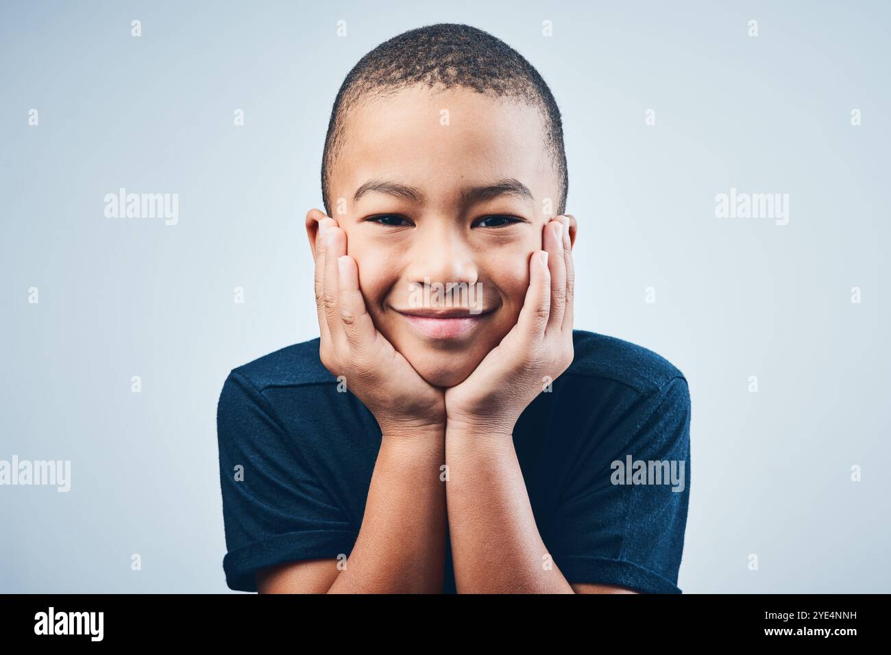 Portrait, cute boy and kid with happiness, facial expression and relax ...