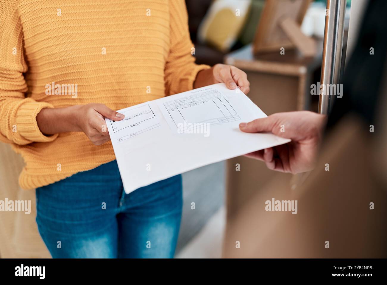 Delivery, invoice and hands of people at front door for ecommerce ...