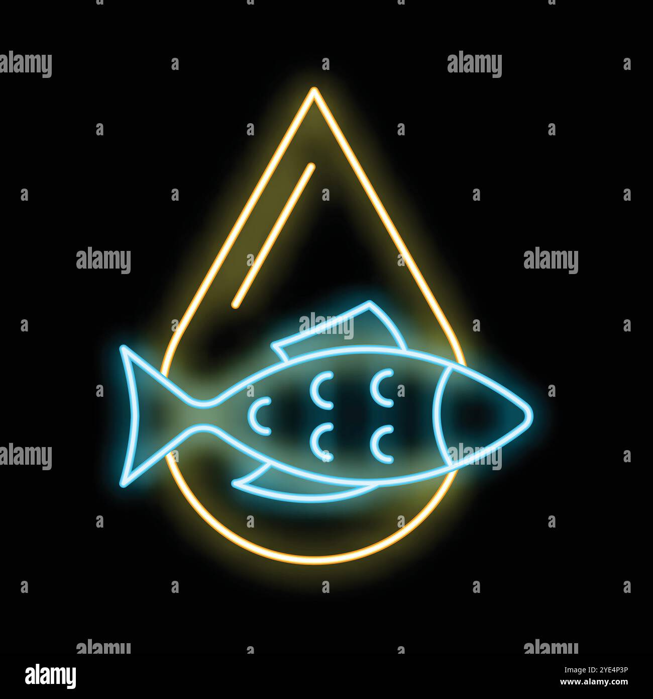 Blue neon fish is inside yellow neon drop of fish oil symbolizing ...