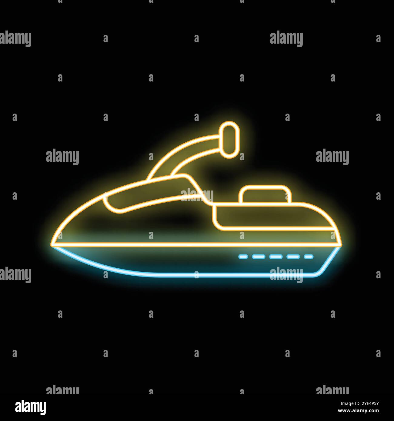 Yellow and blue neon sign representing a jet ski, glowing on a wall at ...