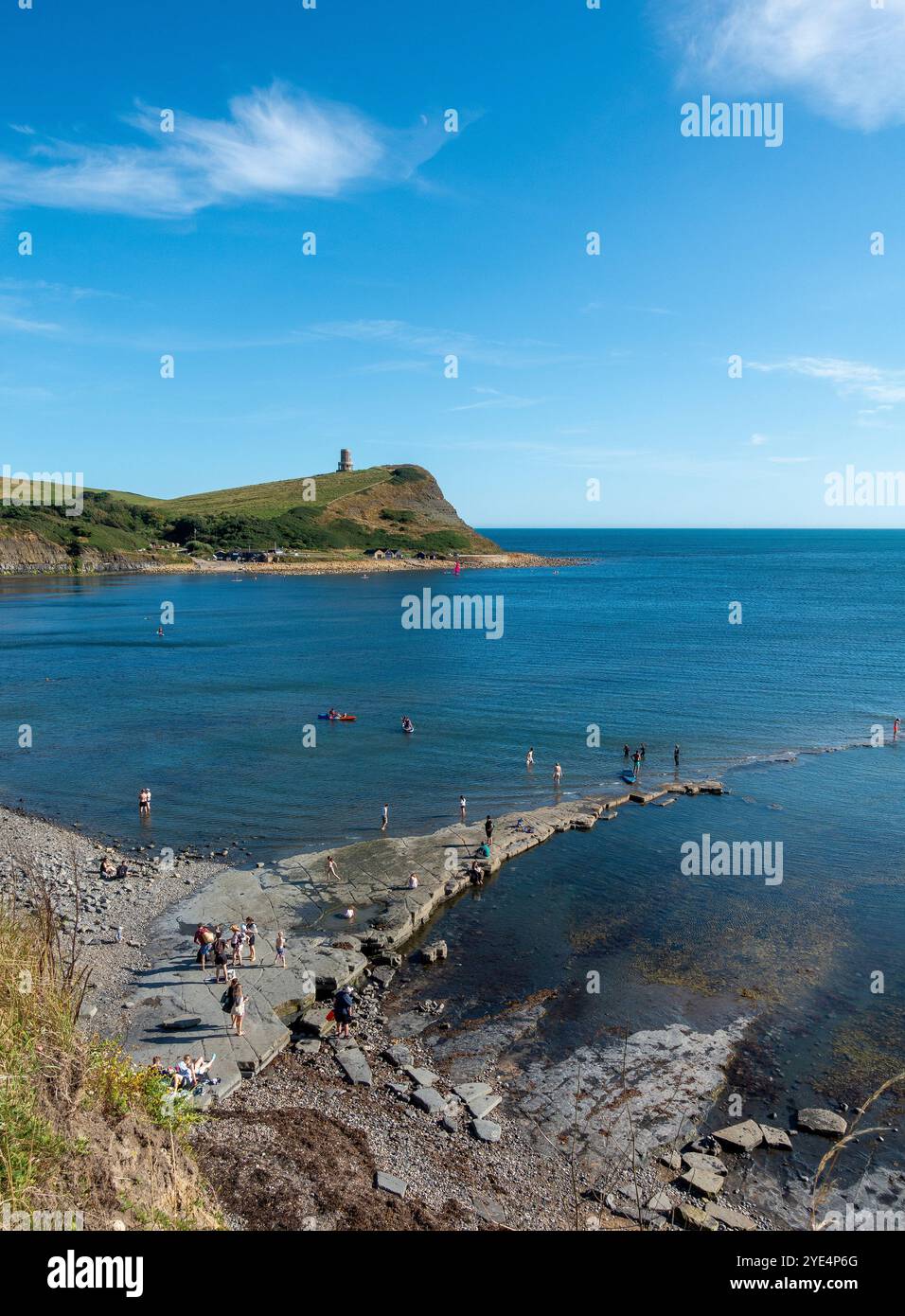 A picturesque view of Kimmeridge Bay showing tourists on the rocky ...