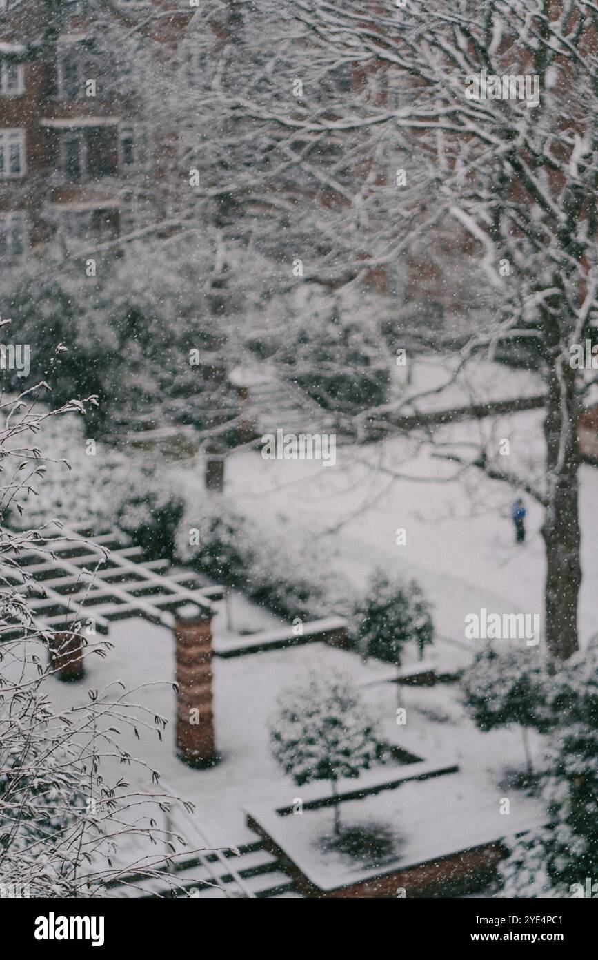 London street with brick houses under snowfall in winter Stock Photo ...