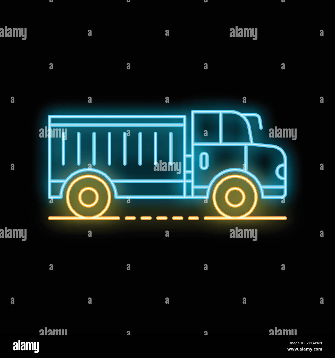 Blue tipper truck with yellow headlights driving on a road at night in ...