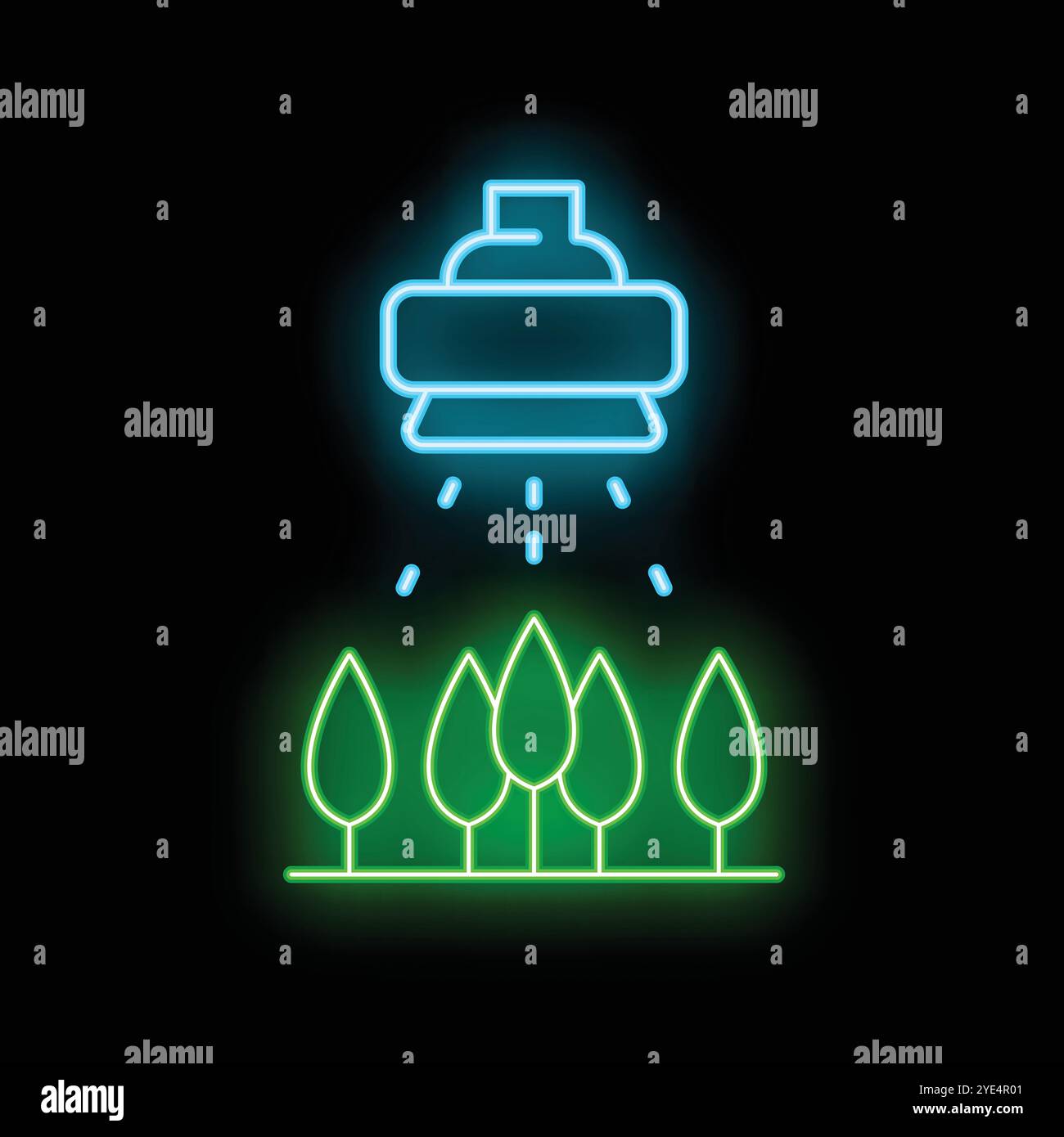 Neon icon of irrigation system watering trees on black background ...