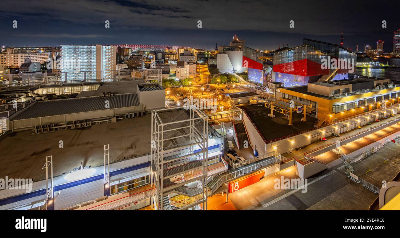 Nightscape of illuminated buildings including Osaka Aquarium at Osaka ...