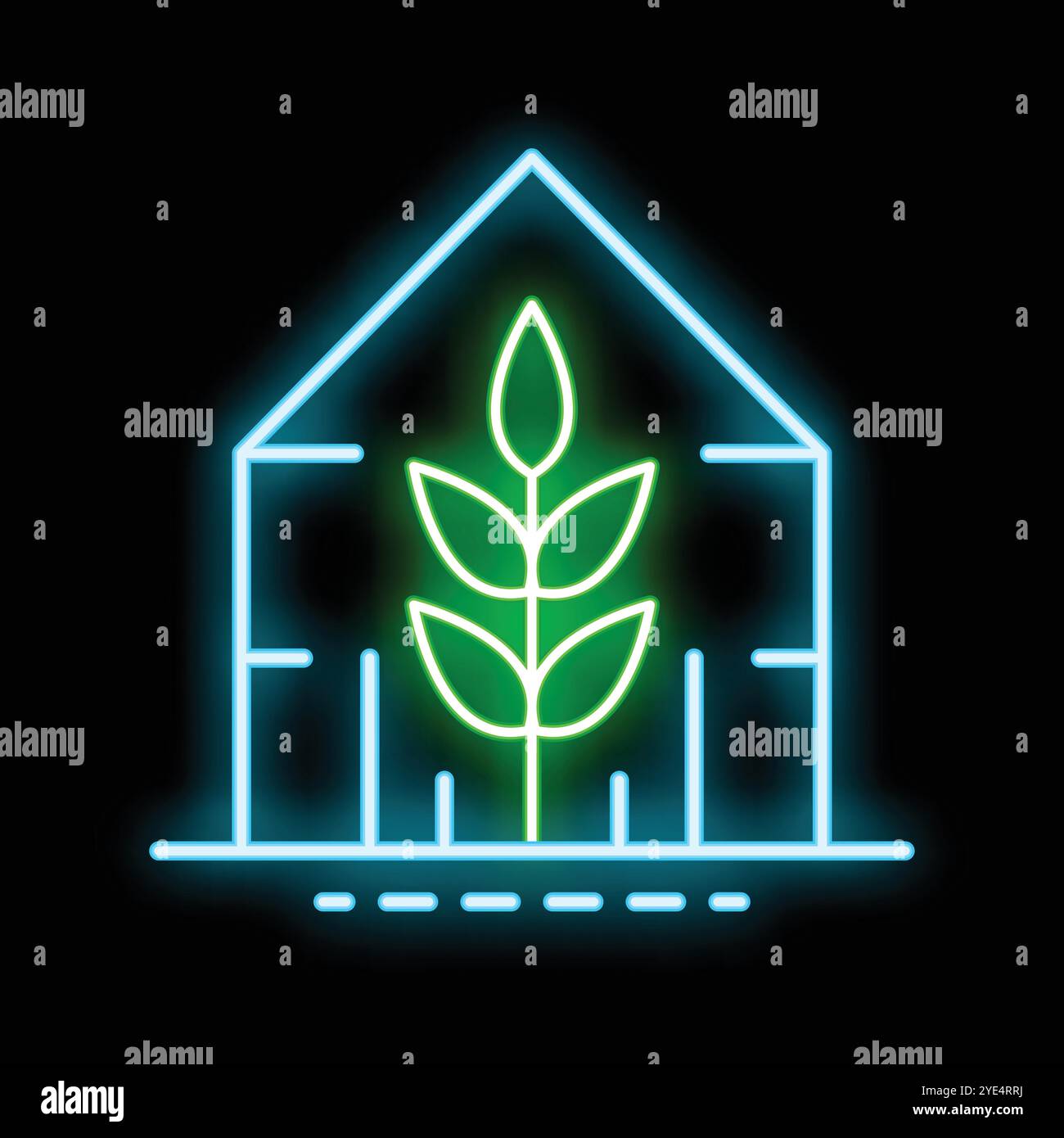 Glowing neon sign representing a greenhouse with a growing plant inside ...