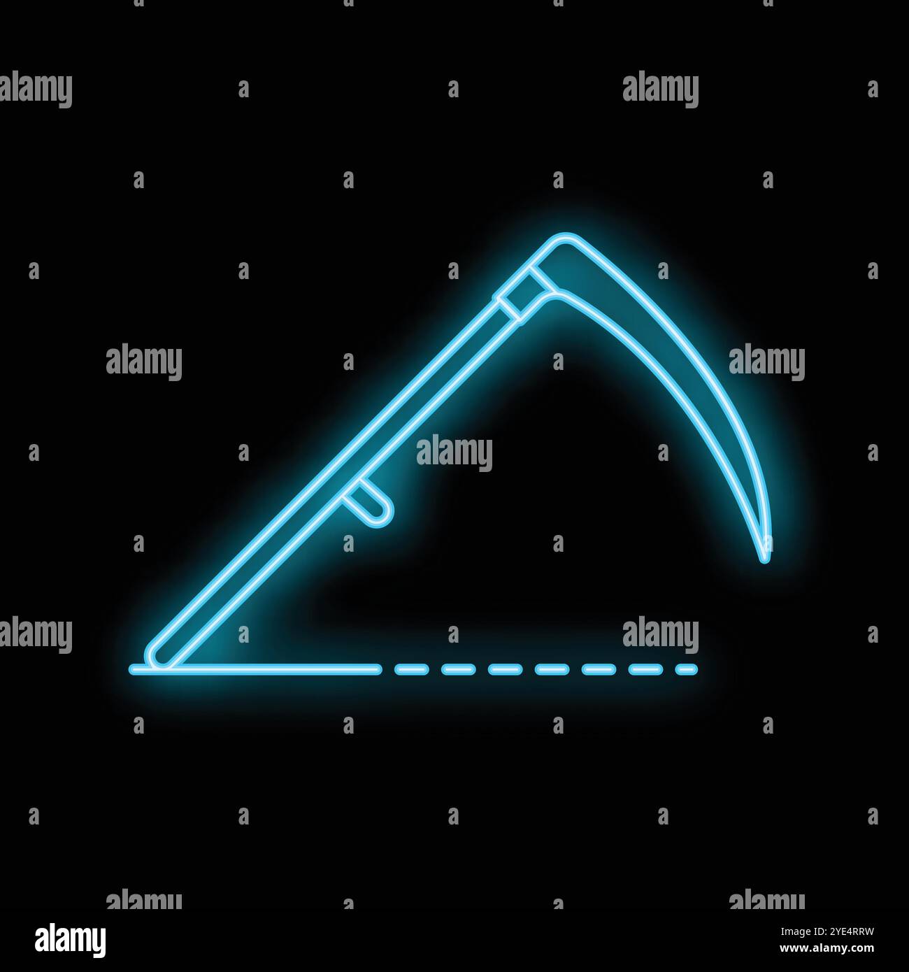 Glowing neon blue scythe cutting grass with a dotted line on a black ...