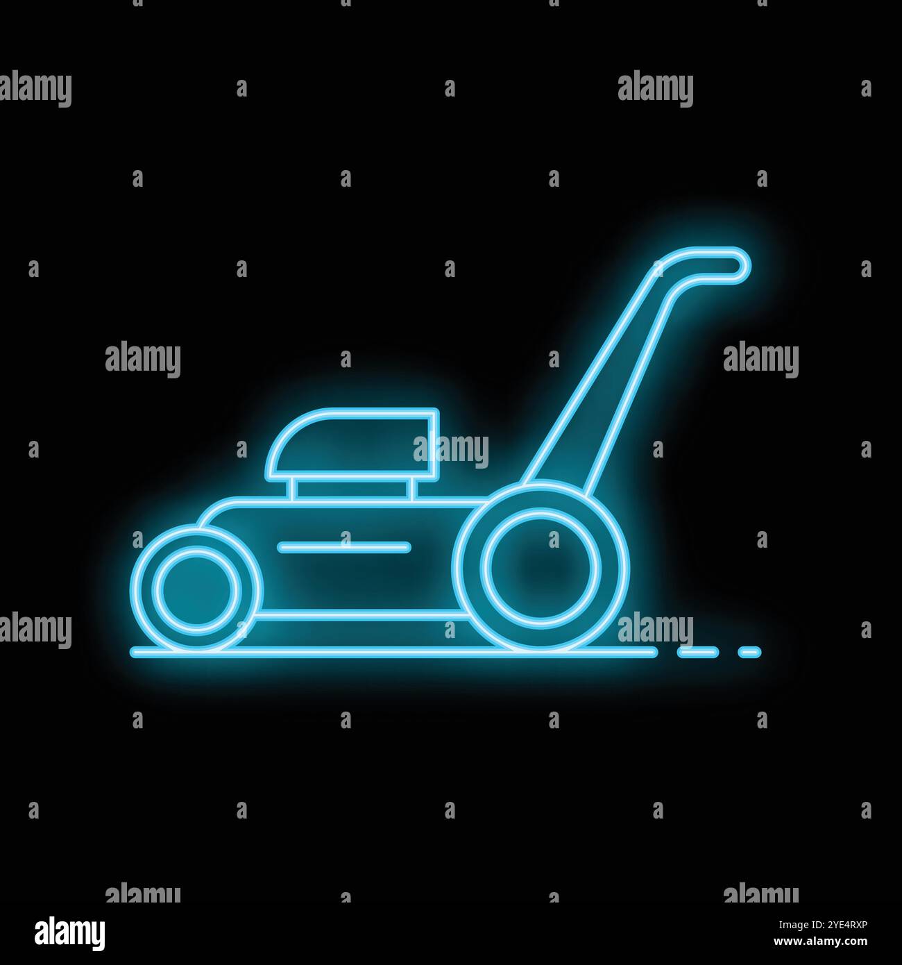 Bright blue neon sign depicting a lawn mower cutting grass, evoking ...
