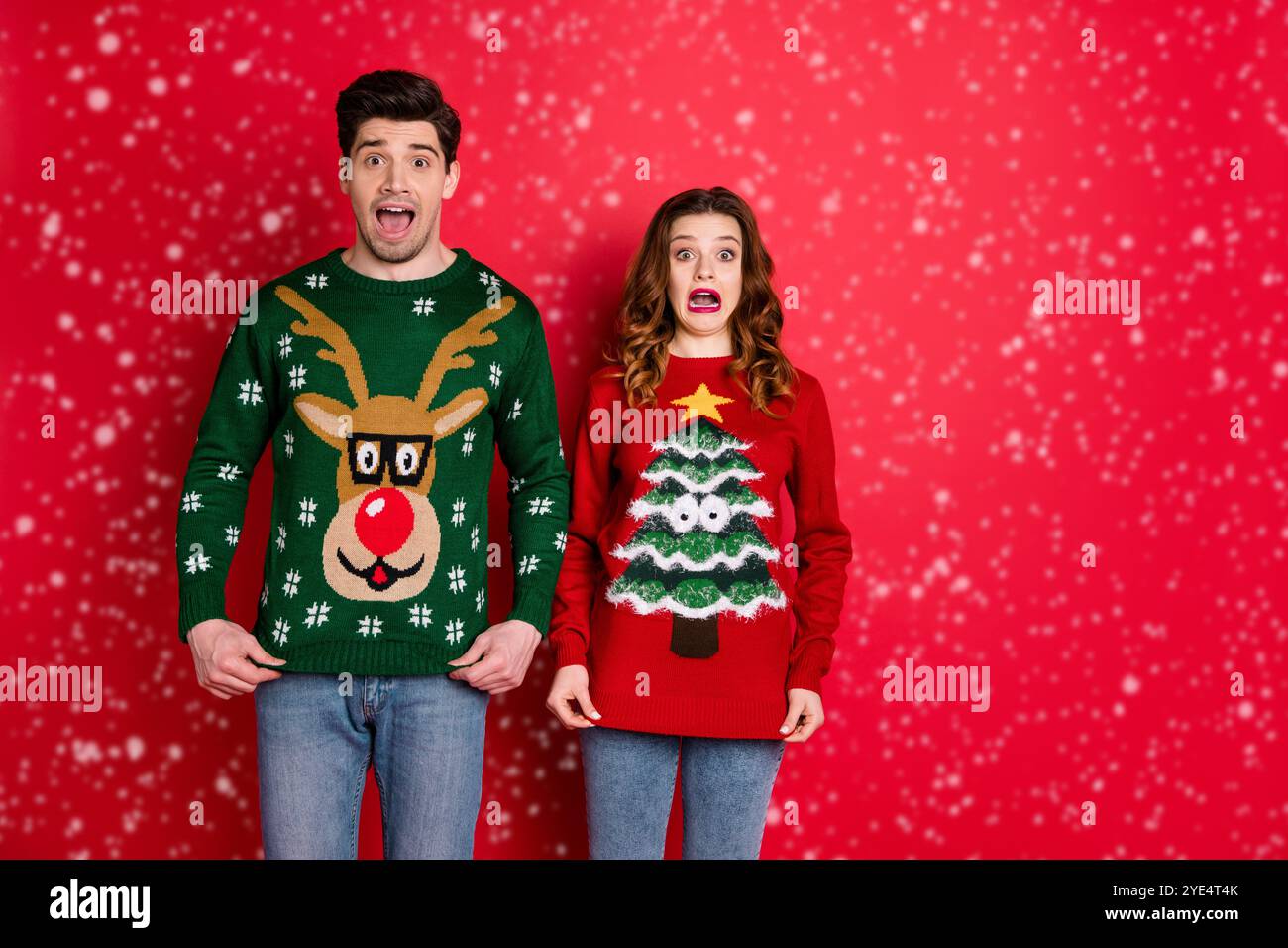Portrait of frustrated frightened two youth people with brunette wavy ...
